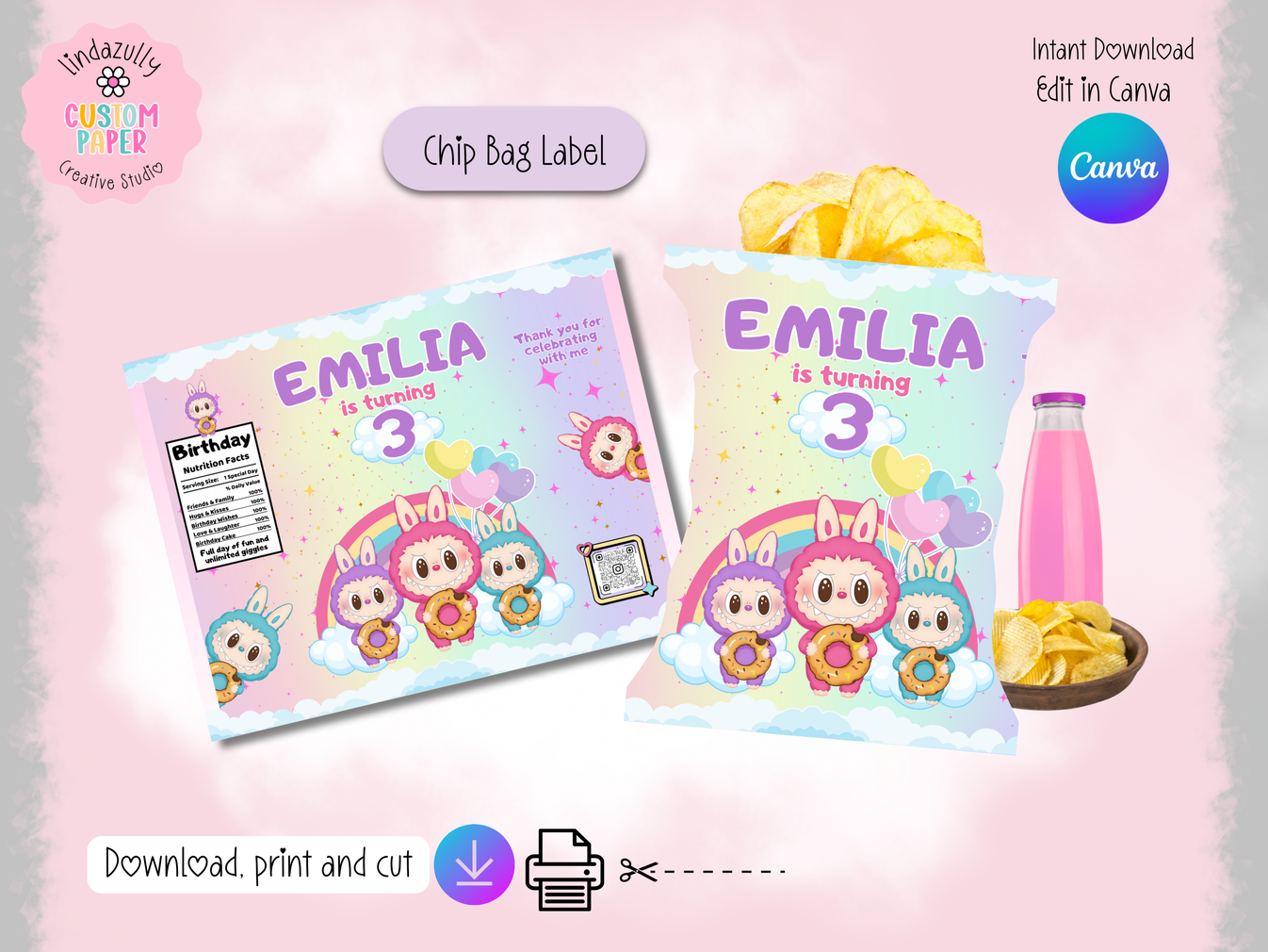 Labubu Birthday Digital Download Party Bundle: Canva Editable Bundle ...