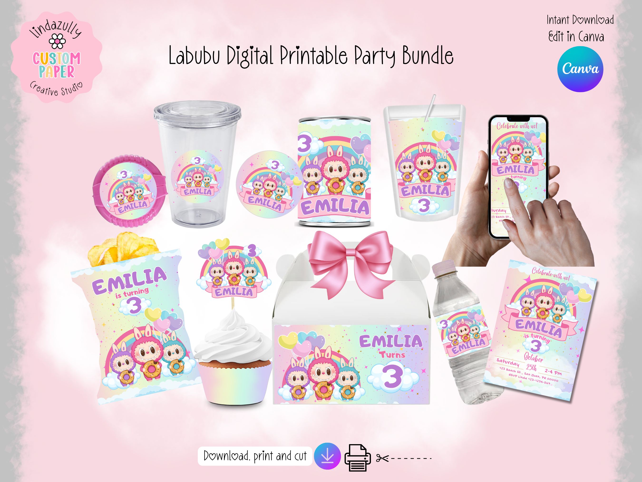 Labubu Birthday Digital Download Party Bundle: Canva Editable Bundle ...